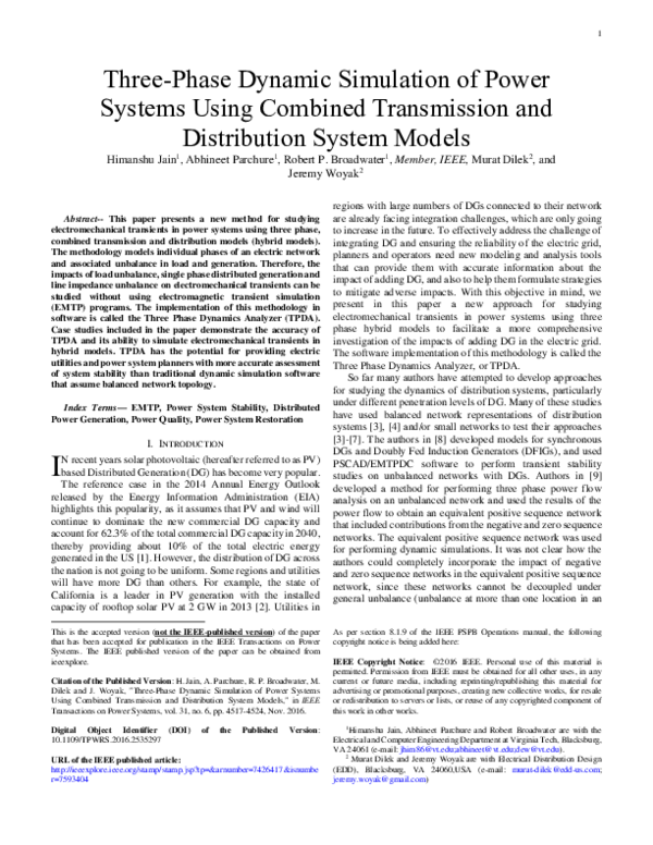 (PDF) Three-Phase Dynamic Simulation of Power Systems Using Combined ... (PDF) Three-Phase Dynamic Simulation of Power Systems Using Combined ...
