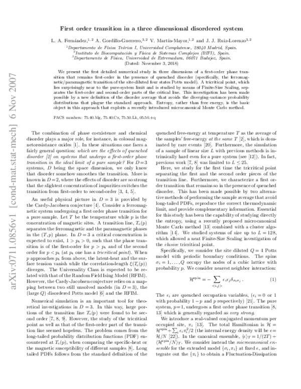 Pdf First Order Transition In A Three Dimensional Disordered System