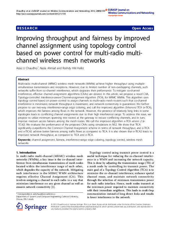 (PDF) Improving throughput and fairness by improved channel assignment using topology control ...