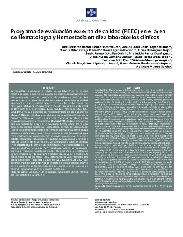 (PDF) Programa de evaluación externa de calidad (PEEC) en el área de Hematología y Hemostasia en ...
