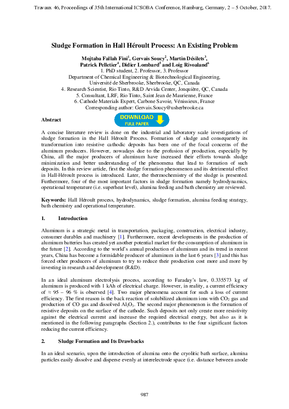 (PDF) Sludge Formation in Hall Héroult Process: An Existing Problem
