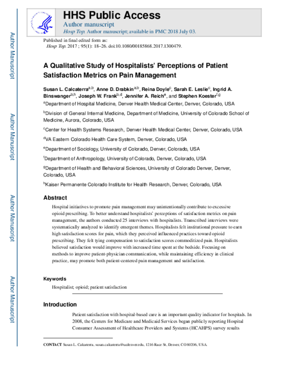 (PDF) A Qualitative Study of Hospitalists' Perceptions of Patient Satisfaction Metrics on Pain ...