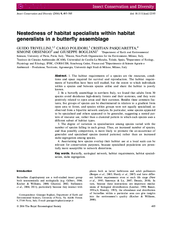 (PDF) Nestedness of habitat specialists within habitat generalists in a ...