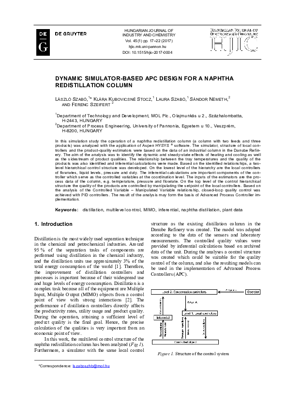 (PDF) Dynamic Simulator-Based APC Design for a Naphtha Redistillation ...