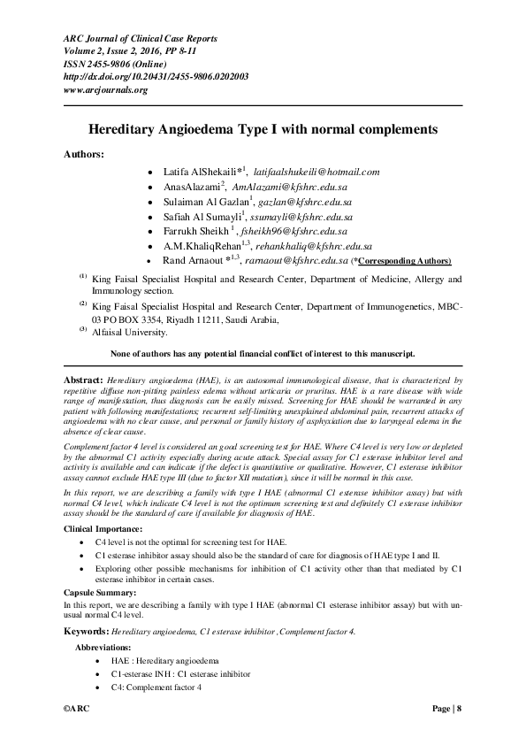 (PDF) Hereditary Angioedema Type I with normal complements