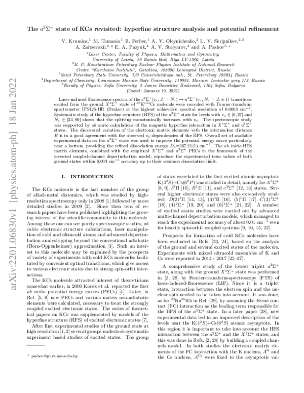 (PDF) The a3Σ+ state of KCs revisited: Hyperfine structure analysis and ...