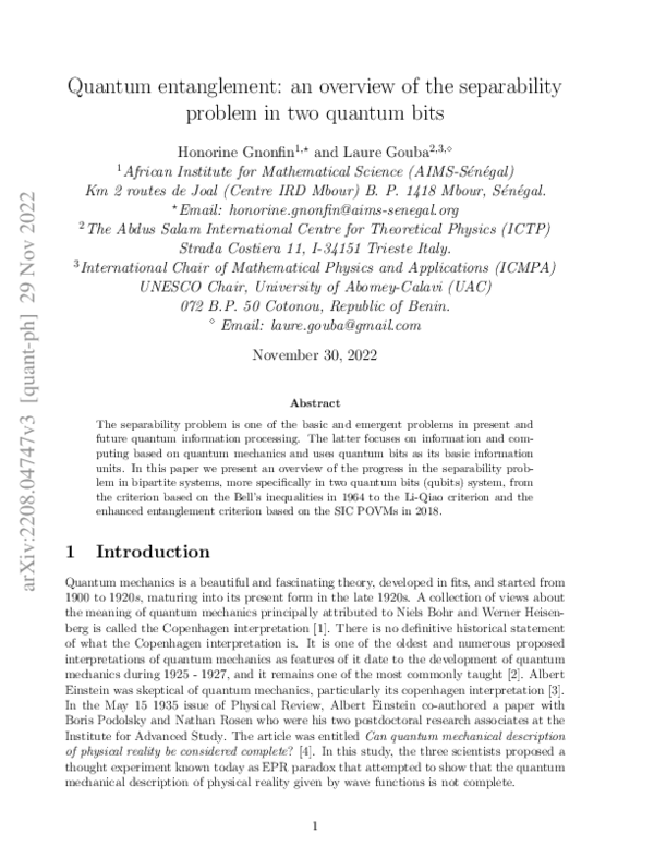 (PDF) Quantum entanglement: an overview of the separability problem in two quantum bits
