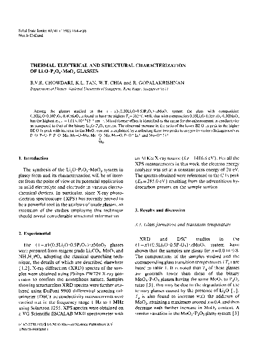 Pdf Thermal Electrical And Structural Characterization Of Li2o·p2o5·moo3 Glasses