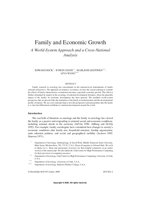 (PDF) Family and Economic Growth: A World-System Approach and a Cross ...