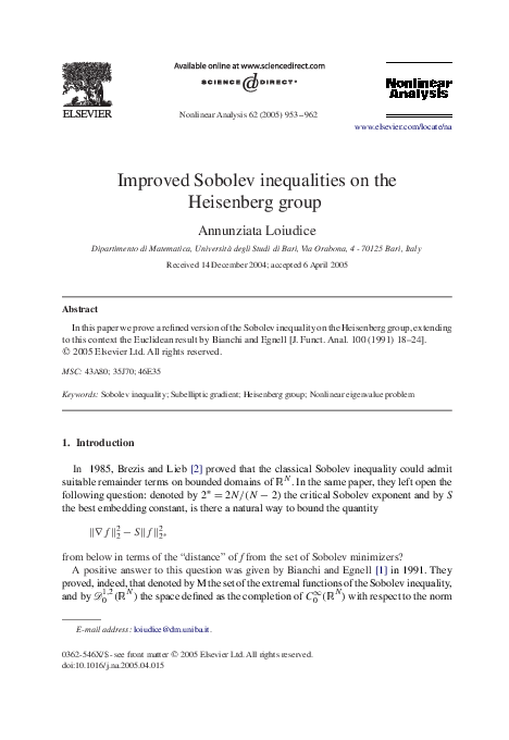 (PDF) Improved Sobolev inequalities on the Heisenberg group (PDF) Improved Sobolev inequalities on the Heisenberg group