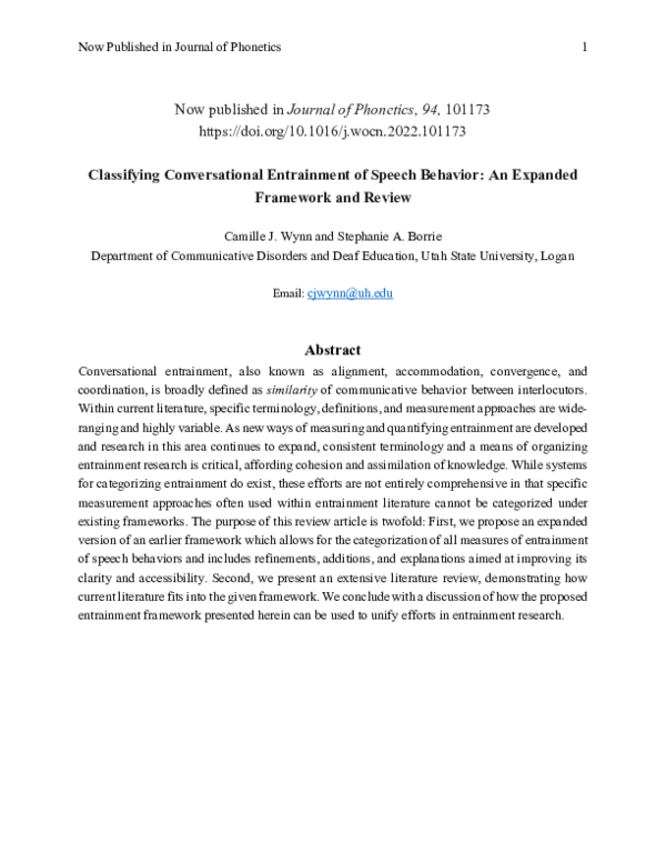 (PDF) Classifying Conversational Entrainment of Speech Behavior: An Expanded Framework and Review