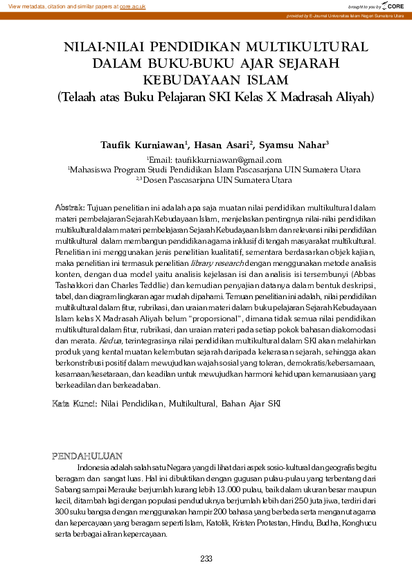 (PDF) NILAI-NILAI PENDIDIKAN MULTIKULTURAL DALAM BUKU-BUKU AJAR SEJARAH KEBUDAYAAN ISLAM (Telaah ...
