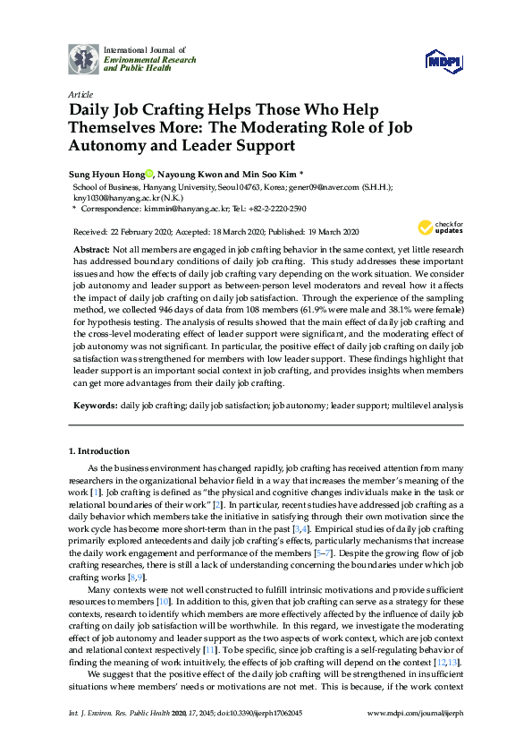 (PDF) Daily Job Crafting Helps Those Who Help Themselves More: The ...