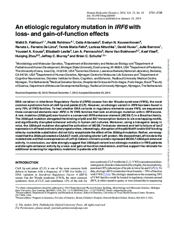 (PDF) An etiologic regulatory mutation in IRF6 with loss- and gain-of ...