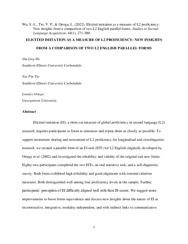 (PDF) Elicited imitation as a measure of L2 proficiency: New insights from a comparison of two ...