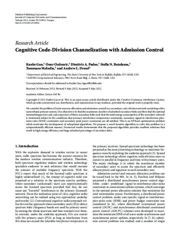 (PDF) Cognitive Code-Division Channelization with Admission Control