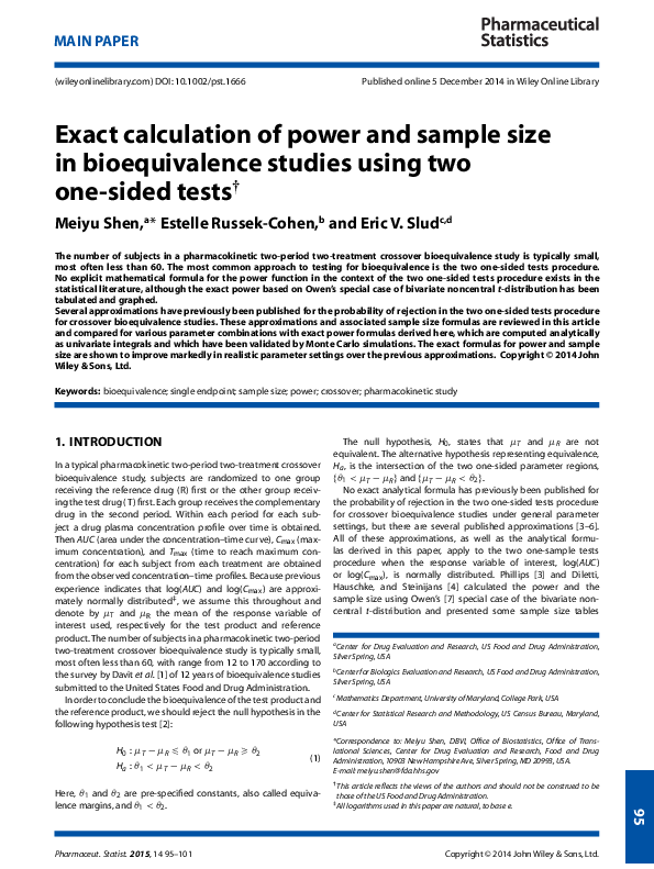 (PDF) Exact calculation of power and sample size in bioequivalence ...