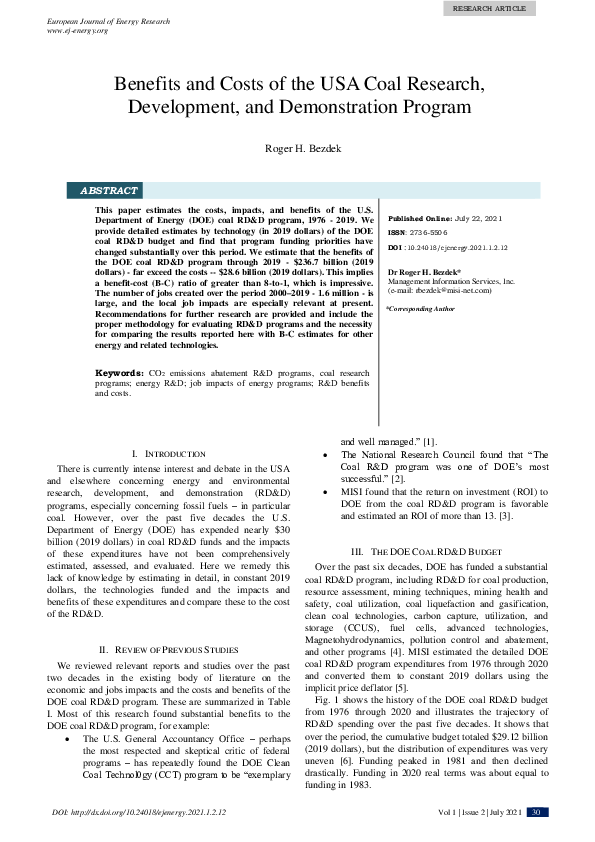 (PDF) Benefits and Costs of the USA Coal Research, Development, and ...