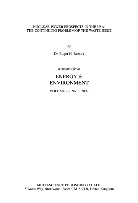 (PDF) Nuclear Power Prospects in the USA: The Continuing Problem of the ...