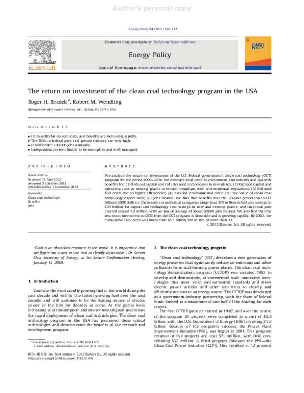 (PDF) The return on investment of the clean coal technology program in ...