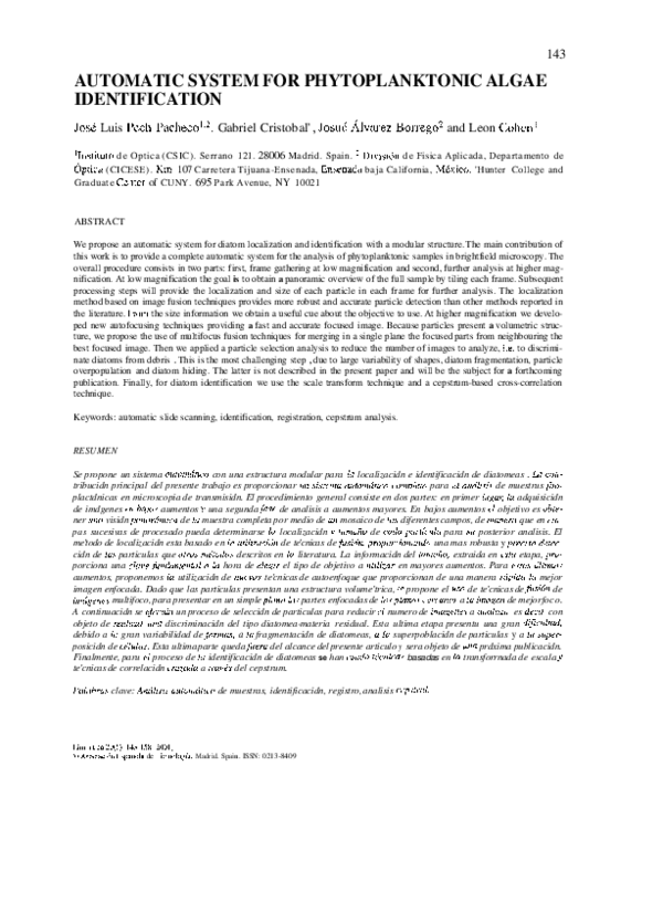(PDF) Automatic system for phytoplanktonic algae identification | Leon Cohen - Academia.edu