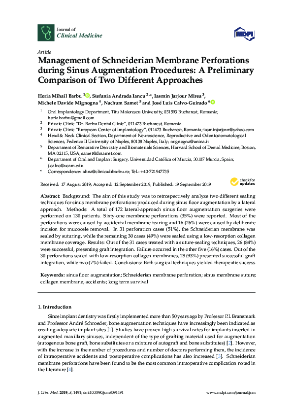 (PDF) Management of Schneiderian Membrane Perforations during Sinus ...