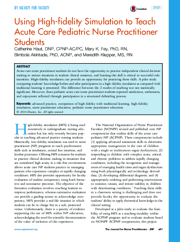 (PDF) Using High-fidelity Simulation to Teach Acute Care Pediatric Nurse Practitioner Students