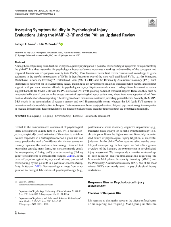 (PDF) Assessing Symptom Validity in Psychological Injury Evaluations ...