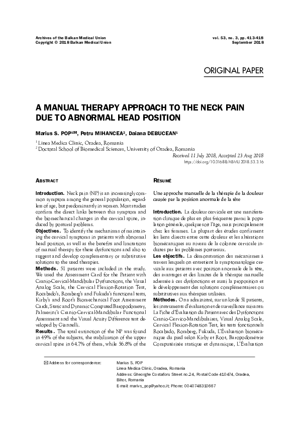 (PDF) A manual therapy approach to the neck pain due to abnormal head ...