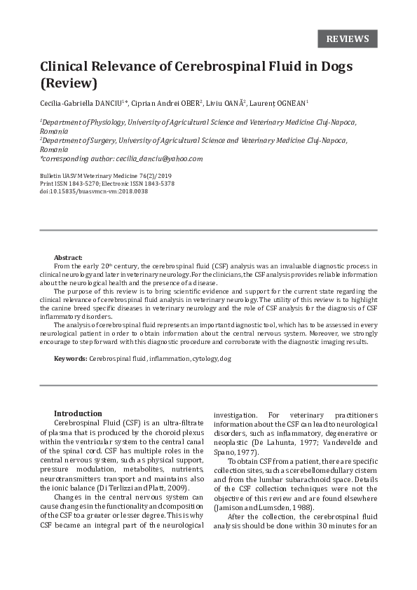 (PDF) Clinical Relevance of Cerebrospinal Fluid in Dogs (Review)