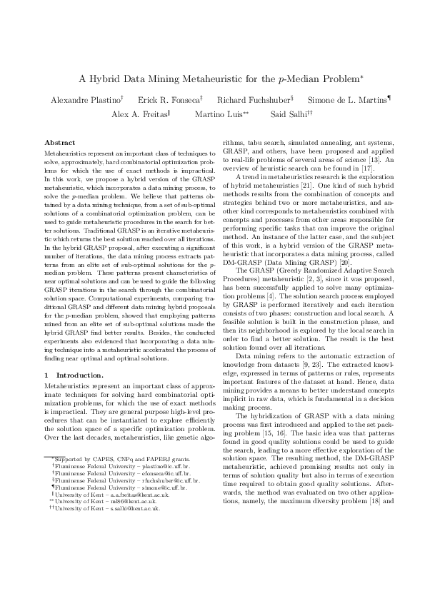 (PDF) A hybrid data mining metaheuristic for the p-median problem