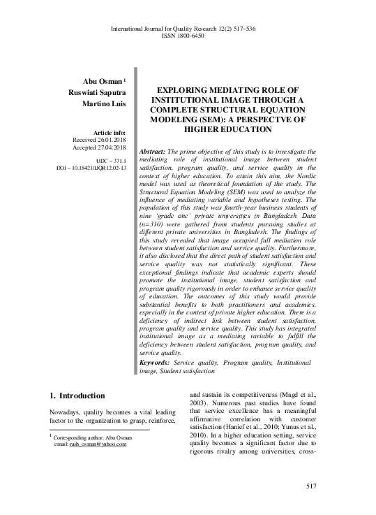 Pdf Exploring Mediating Role Of Institutional Image Through A Complete Structural Equation