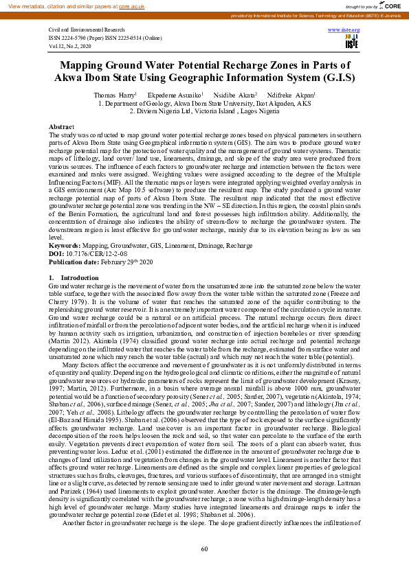 (PDF) Mapping Ground Water Potential Recharge Zones in Parts of Akwa Ibom State Using Geographic ...