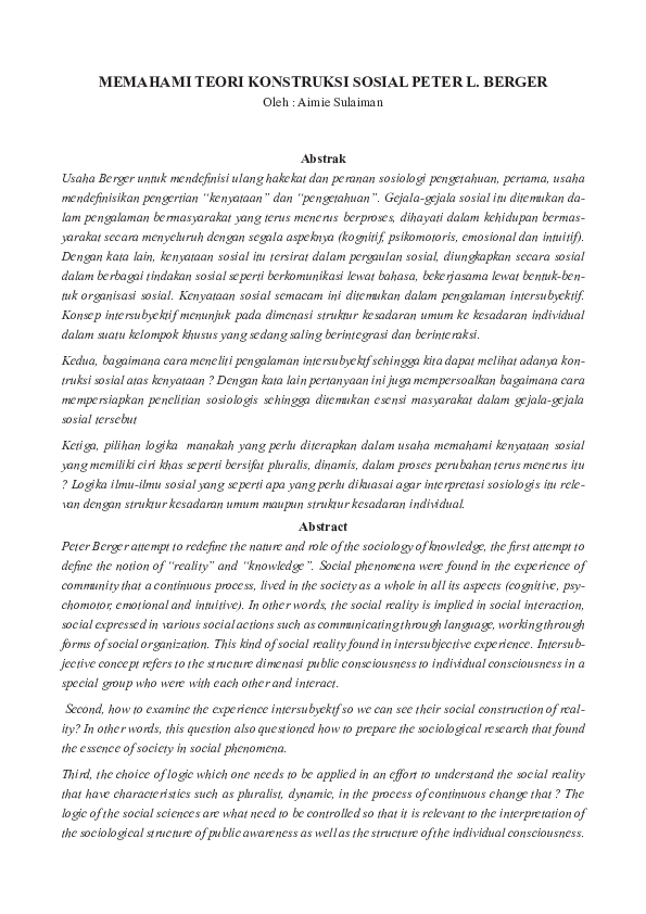 (PDF) Memahami Teori Konstruksi Sosial Peter L. Berger