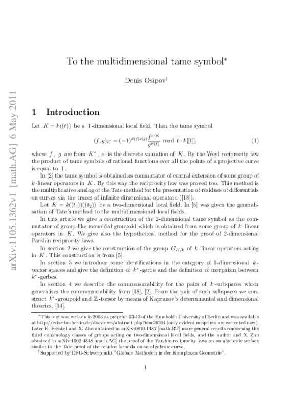 (PDF) To the multidimensional tame symbol