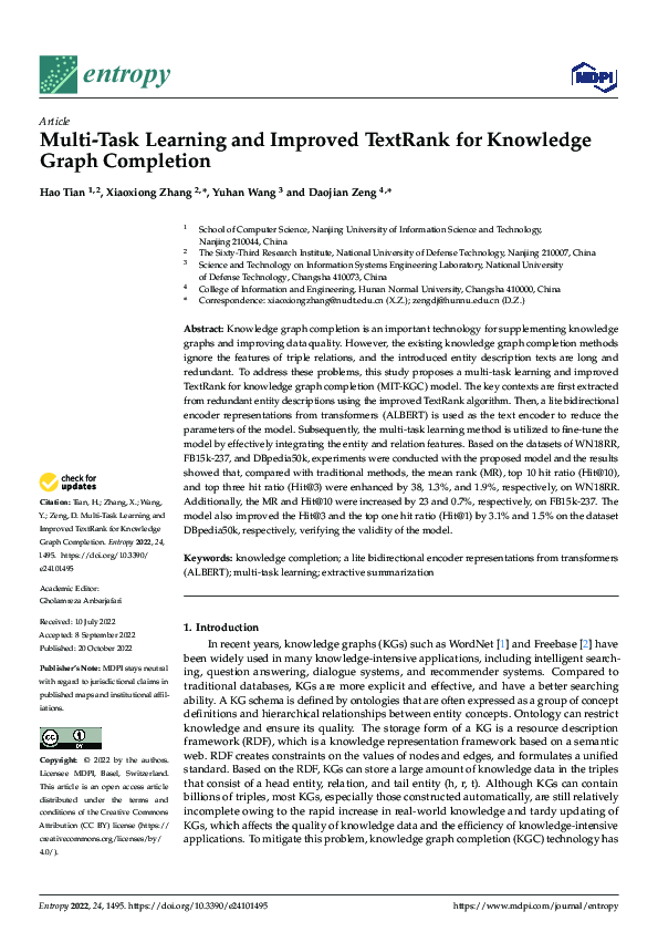 (PDF) Multi-Task Learning and Improved TextRank for Knowledge Graph Completion