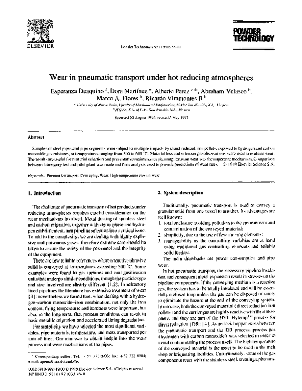 (PDF) Wear in pneumatic transport under hot reducing atmospheres