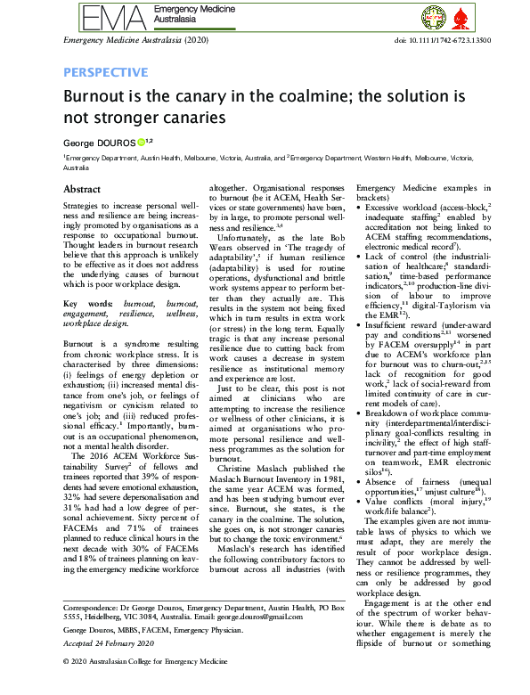 (PDF) Burnout is the canary in the coalmine; the solution is not stronger canaries