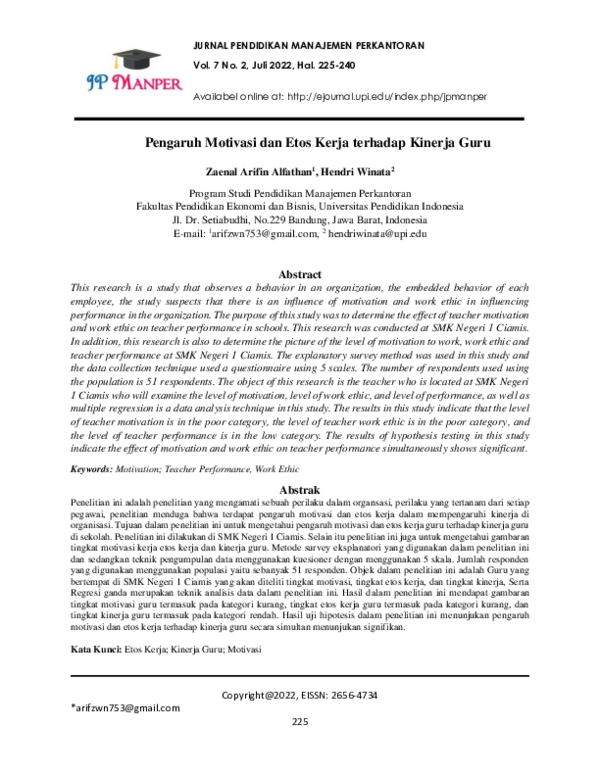 (PDF) Pengaruh Motivasi Dan Etos Kerja Terhadap Kinerja Guru