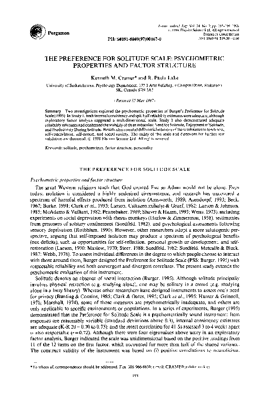(PDF) The preference for Solitude Scale: Psychometric properties and ...