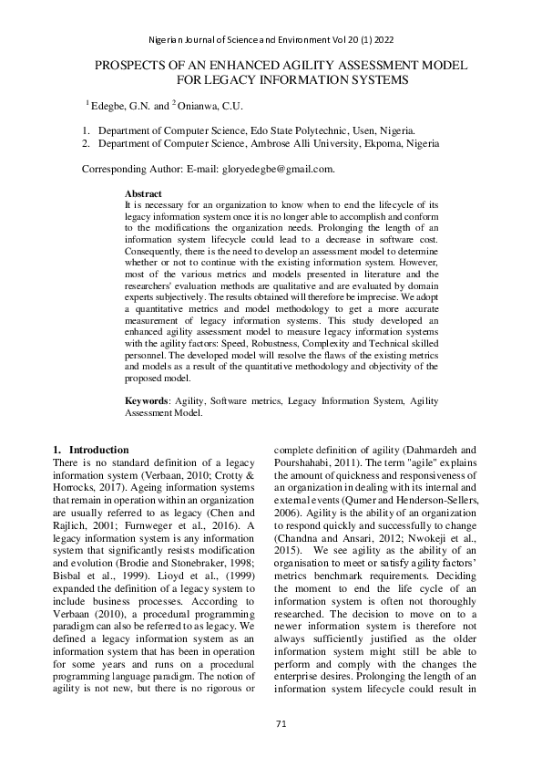 (PDF) PROSPECTS OF AN ENHANCED AGILITY ASSESSMENT MODEL FOR LEGACY ...