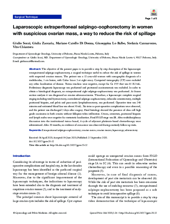 (PDF) Laparoscopic extraperitoneal salpingo-oophorectomy in women with ...