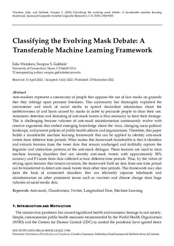 (PDF) Classifying the Evolving Mask Debate: A Transferable Machine Learning Framework