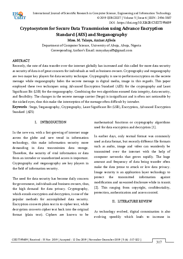 (PDF) Cryptosystem for Secure Data Transmission using Advance Encryption Standard (AES) and ...