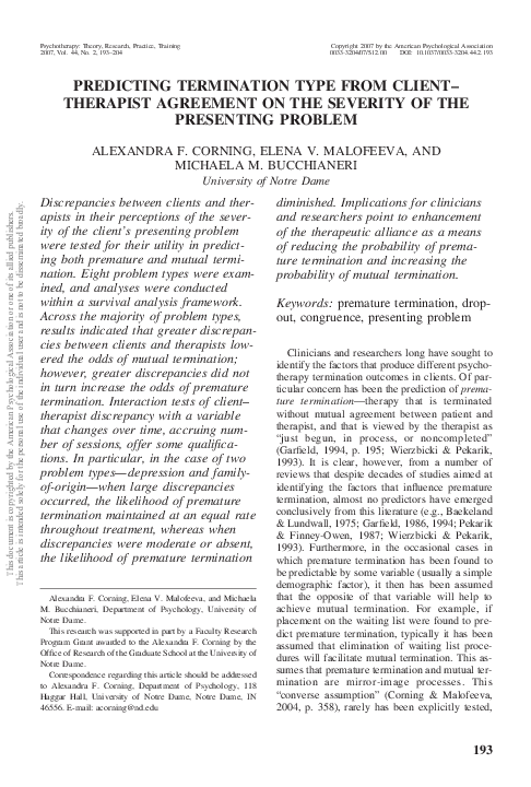 (PDF) Predicting termination type from client-therapist agreement on the severity of the ...