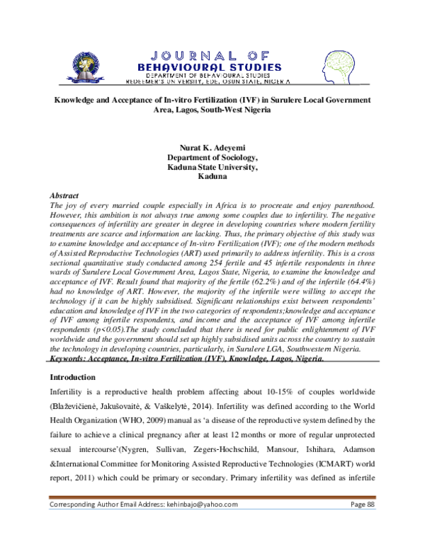 (PDF) Knowledge and Acceptance of In-vitro Fertilization ( IVF ) in ...