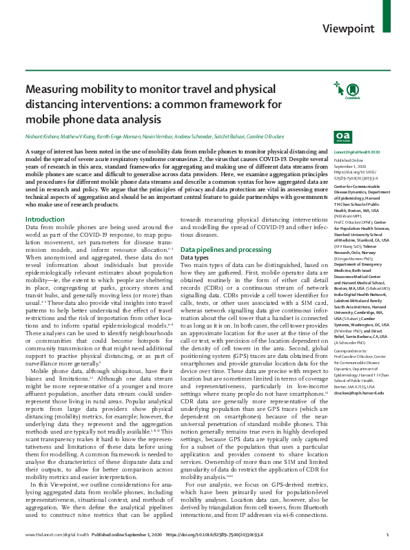 (PDF) Measuring mobility to monitor travel and physical distancing ...