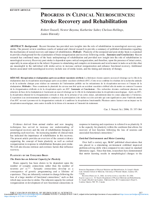 (PDF) PROGRESS IN CLINICAL NEUROSCIENCES: Stroke Recovery and ...