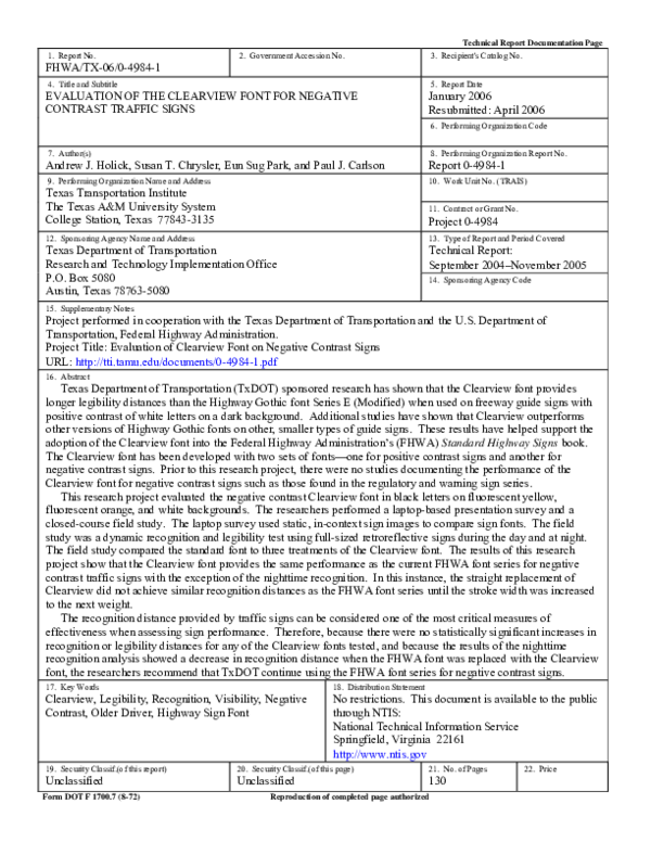 (PDF) Evaluation of the Clearview Font for Negative Contrast Traffic Signs