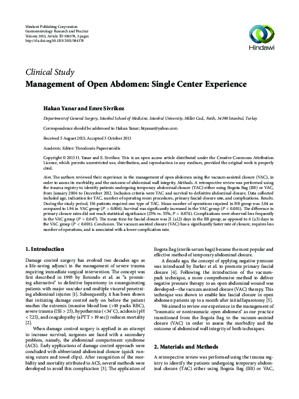(PDF) Management of Open Abdomen: Single Center Experience